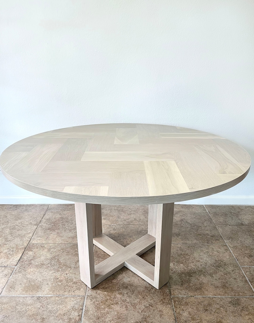 Round White Oak Herringbone Pedestal Dining Table, Wood X-base, Cross ...