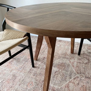 Round Natural Walnut Herringbone Dining Table, Solid Tapered Wood Legs ...