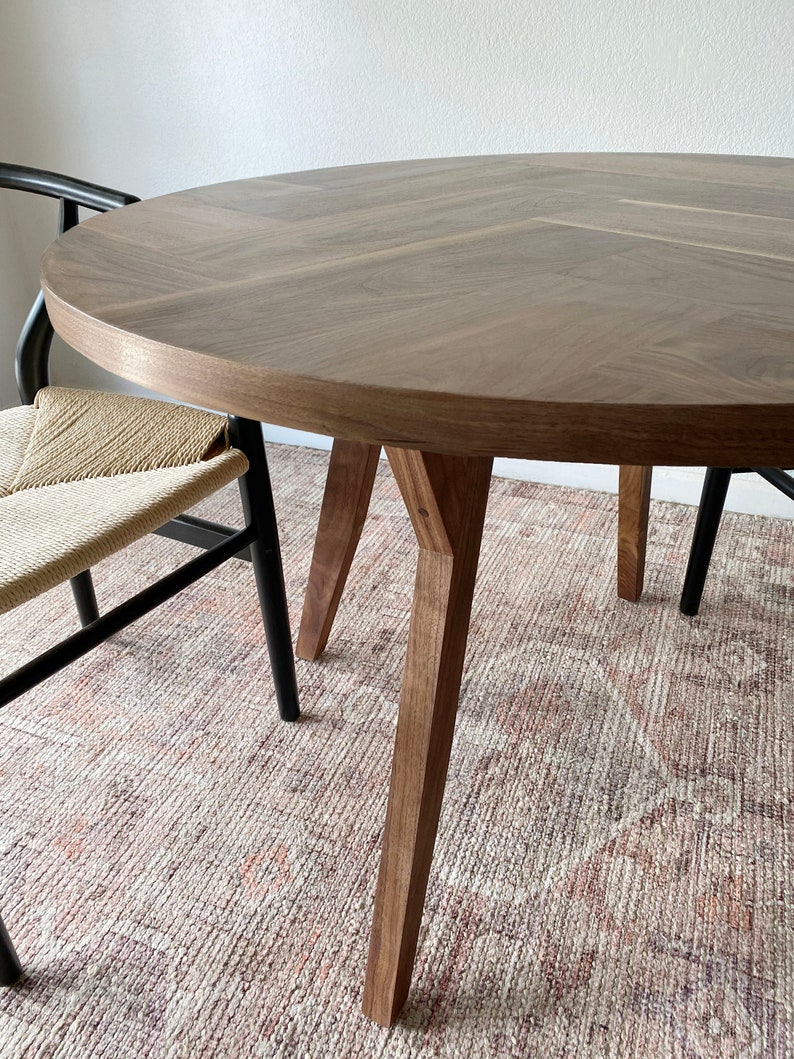 Round Natural Walnut Herringbone Dining Table, Solid Tapered Wood Legs ...