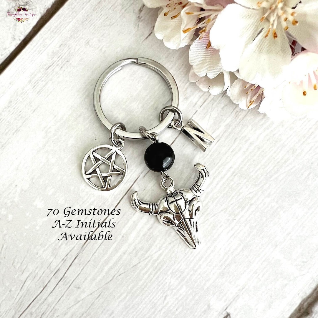 BULL HEAD & PENTACLE Gemstone Key Ring-crystal Keychain-bull Head ...