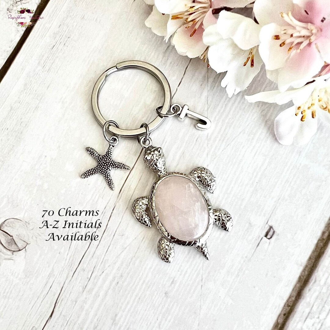 ROSE QUARTZ Sea Turtle Key Ring-crystal Keychain-personalised Keyring ...