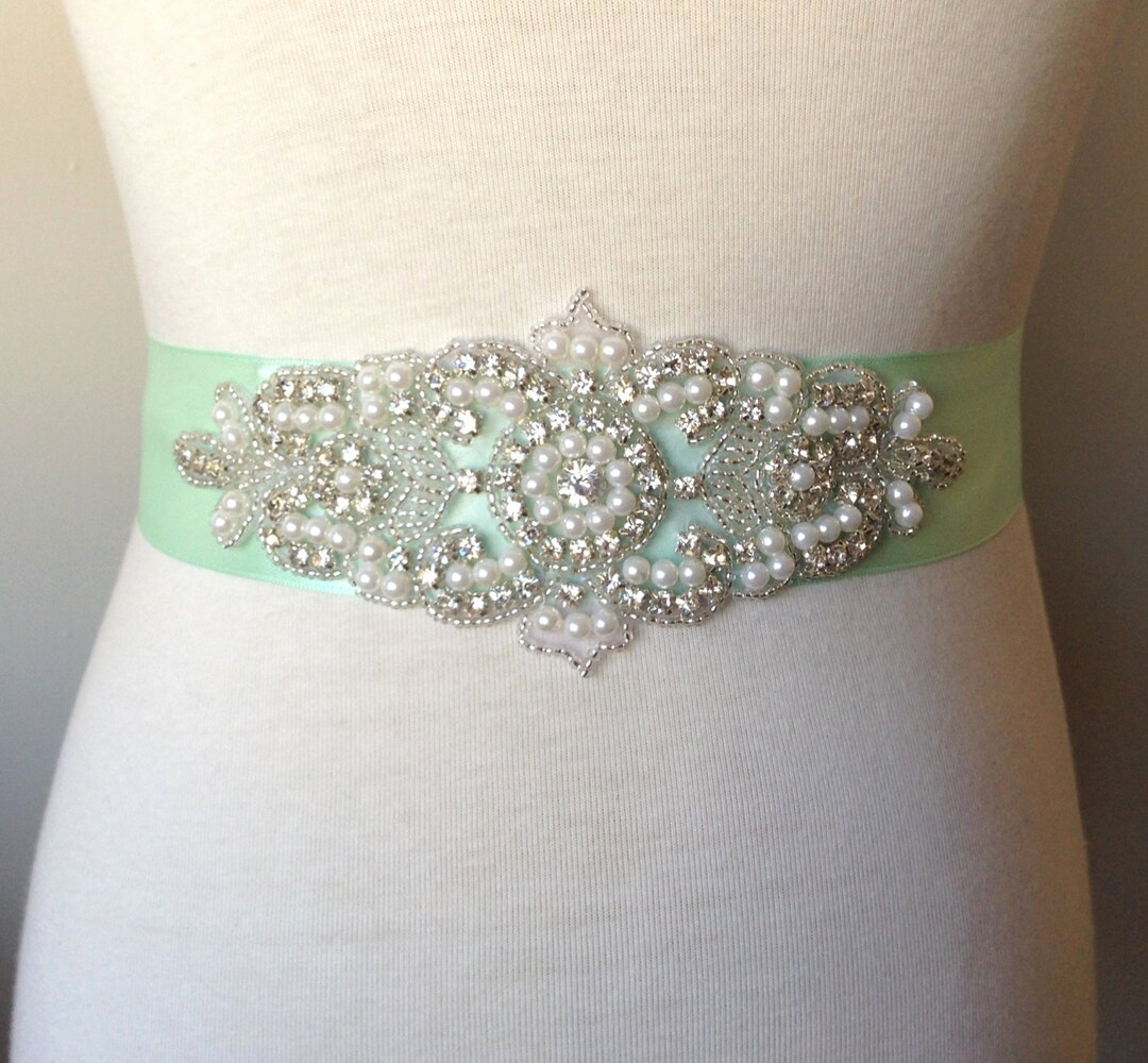 Mint Belt-light Mint Sash-bride Belt-green Pearl Sash-mint Bridal Sash ...