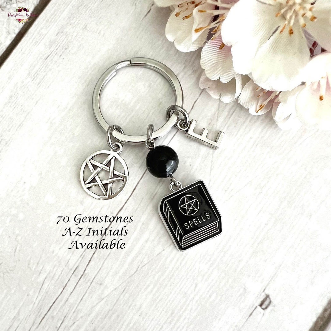 SPELL BOOK & PENTACLE Gemstone Key Ring-crystal Keychain-spell Book ...