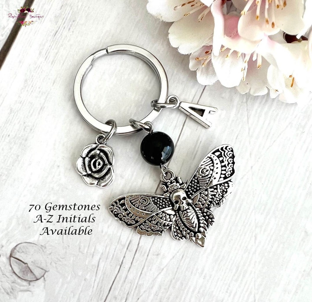 Death's-head HAWKMOTH & ROSE Gemstone Key Ring-moth Keychain-flower ...