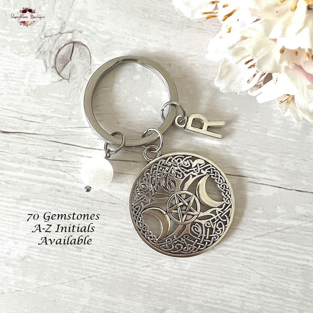 TRIPLE MOON PENTACLE Gemstone Key Ring-triple Goddess Keychain-crystal ...