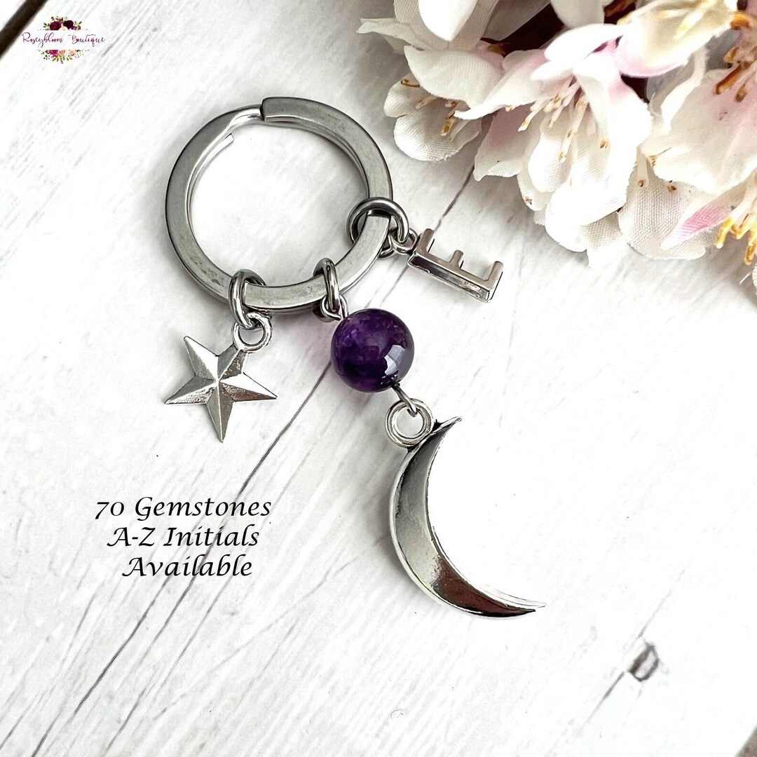 CRESCENT MOON & STAR Gemstone Key Ring-crystal Keychain-personalised ...