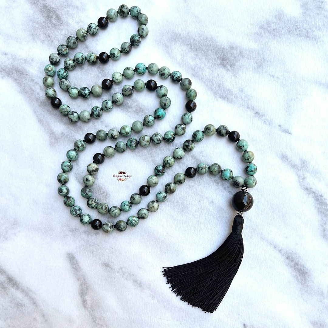 African Turquoise & Black Obsidian Mala | Grade A 108 Bead Natural ...