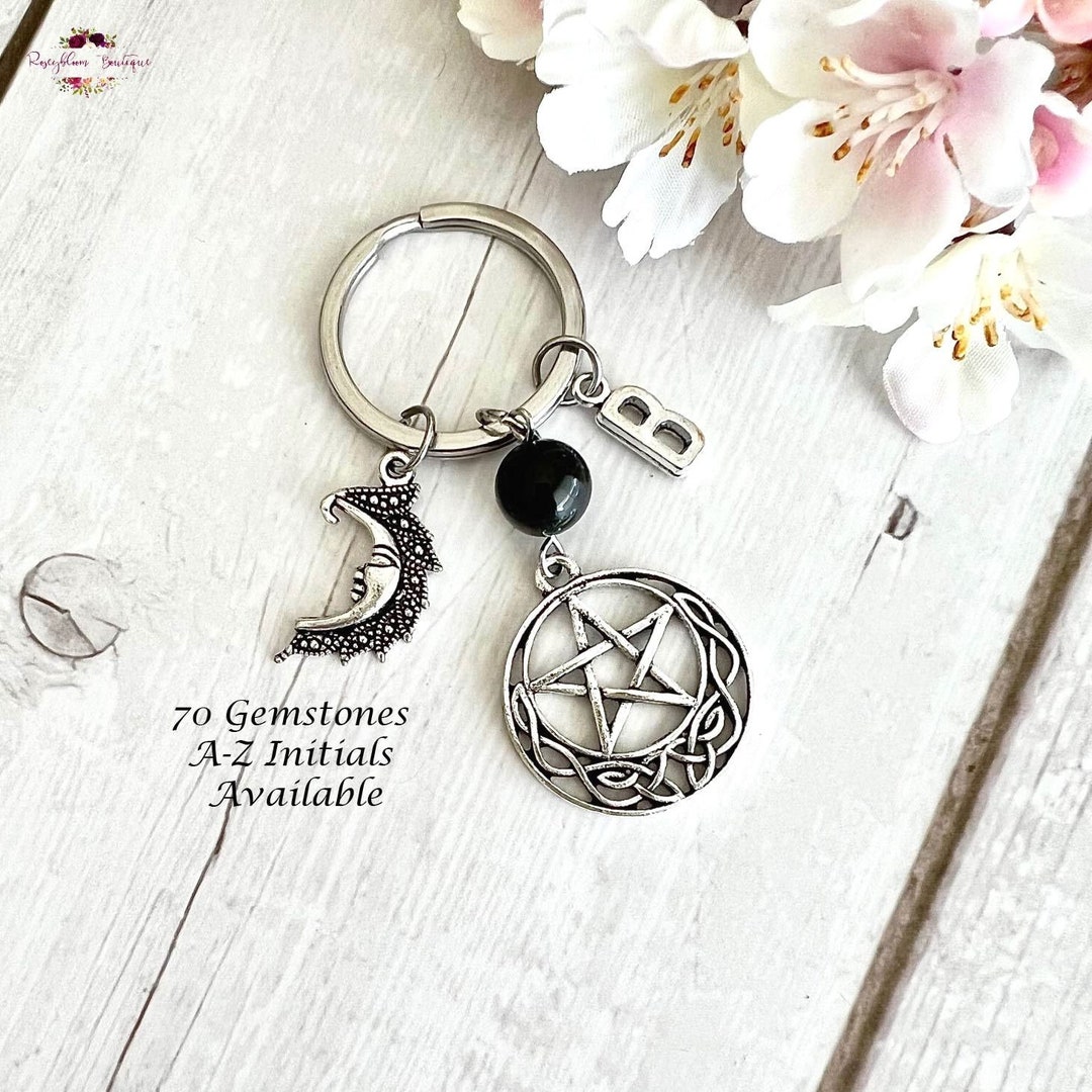 PENTACLE & CRESCENT MOON Gemstone Key Ring-crystal Keychain-pentacle ...