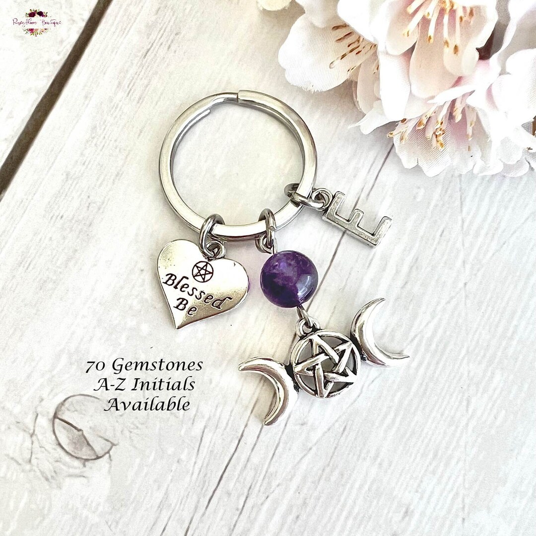 TRIPLE MOON PENTACLE & Heart Gemstone Key Ring-crystal Keychain-triple ...