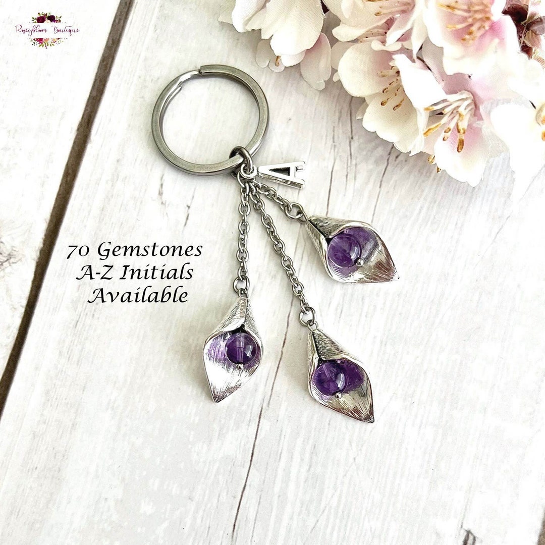 CALLA LILY Gemstone Key Ring-crystal Keychain-personalised Key Ring ...