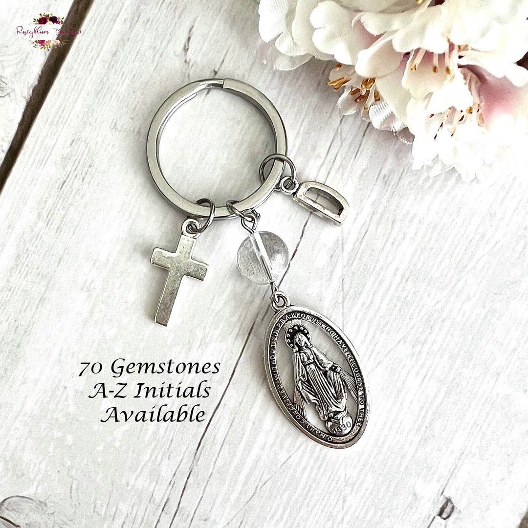 MIRACULOUS MEDAL & CROSS Gemstone Key Ring-virgin Mary-crystal Key Ring ...