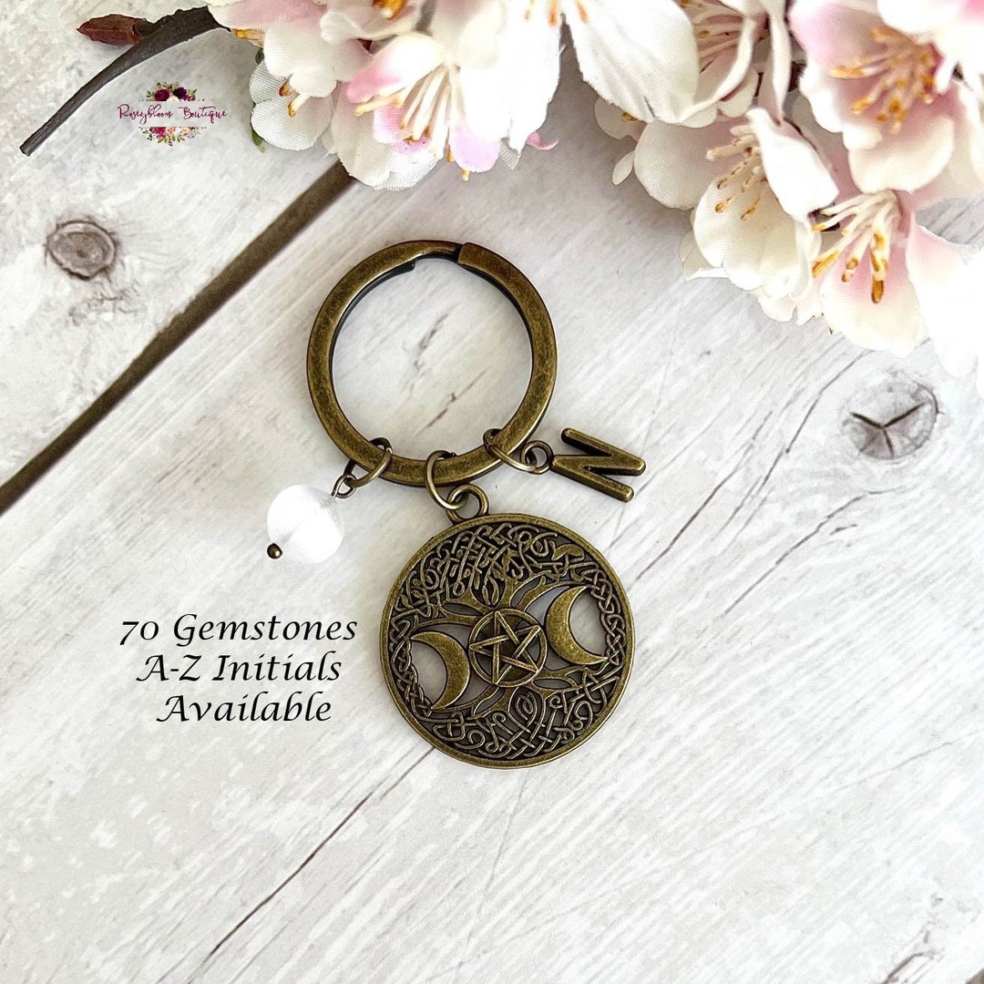 TRIPLE MOON PENTACLE Gemstone Key Ring-bronze Keychain-antique Bronze ...