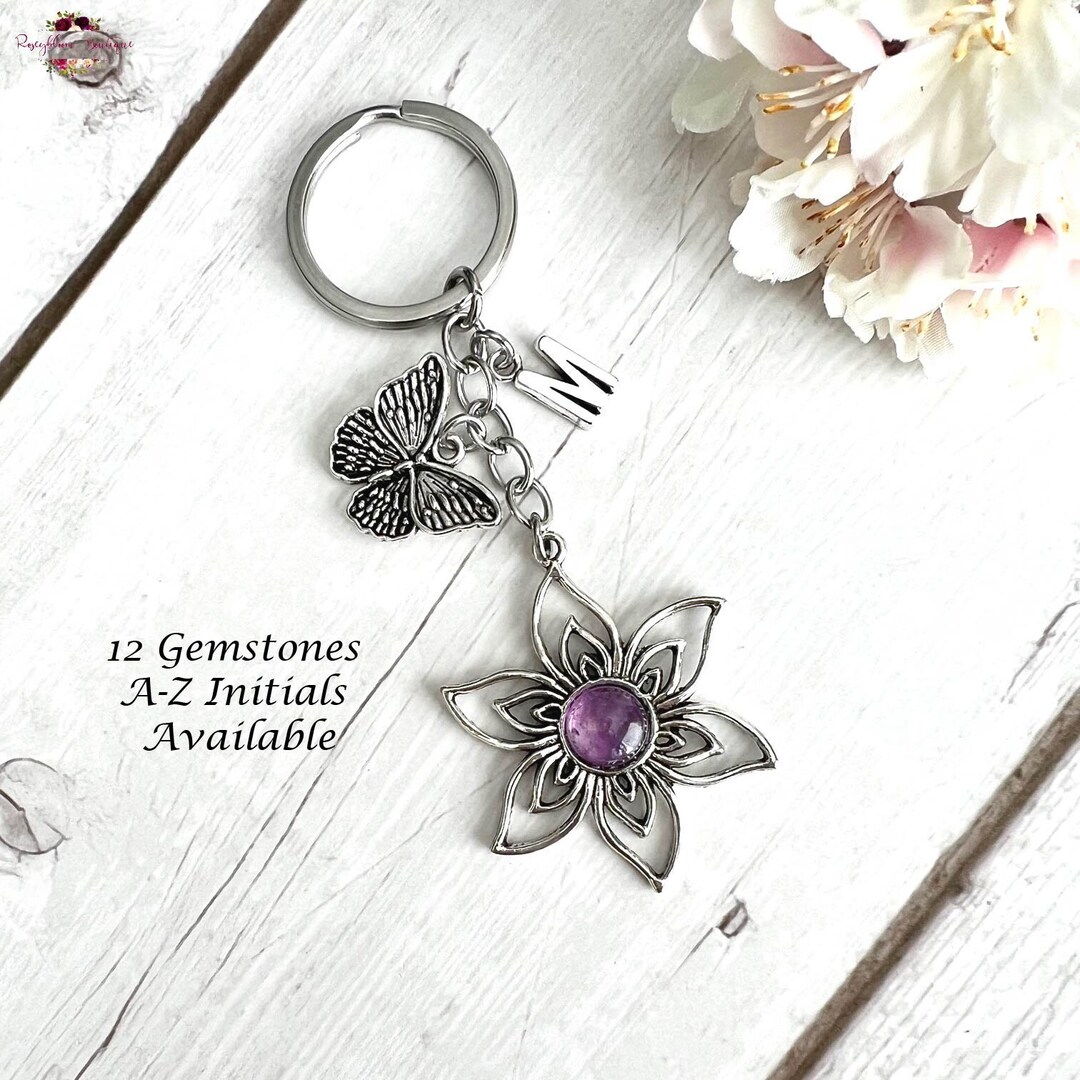 FLOWER & BUTTERFLY Gemstone Key Ring-flower Keychain-butterfly Keychain ...