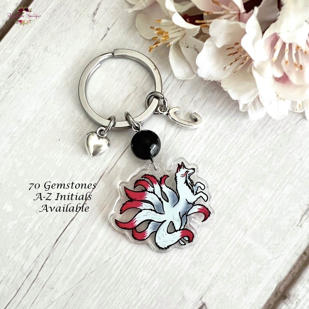 NINE-TAILED FOX & Heart Gemstone Key Ring-mythical Animal Keychain-fox ...