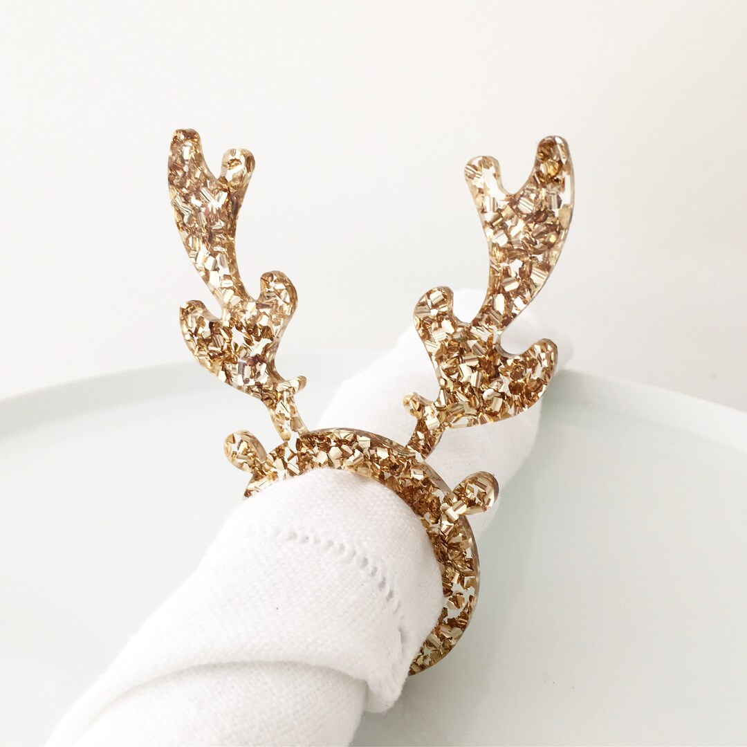 4 X Christmas Reindeer Napkin Rings, Gold Glitter - Etsy