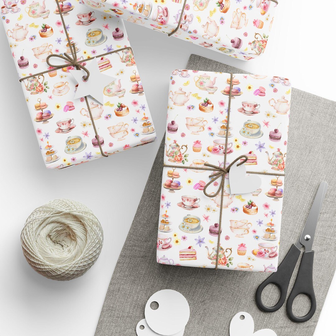 Tea Party Gift Wrap Watercolor Teacups Pastries Desserts High Tea ...
