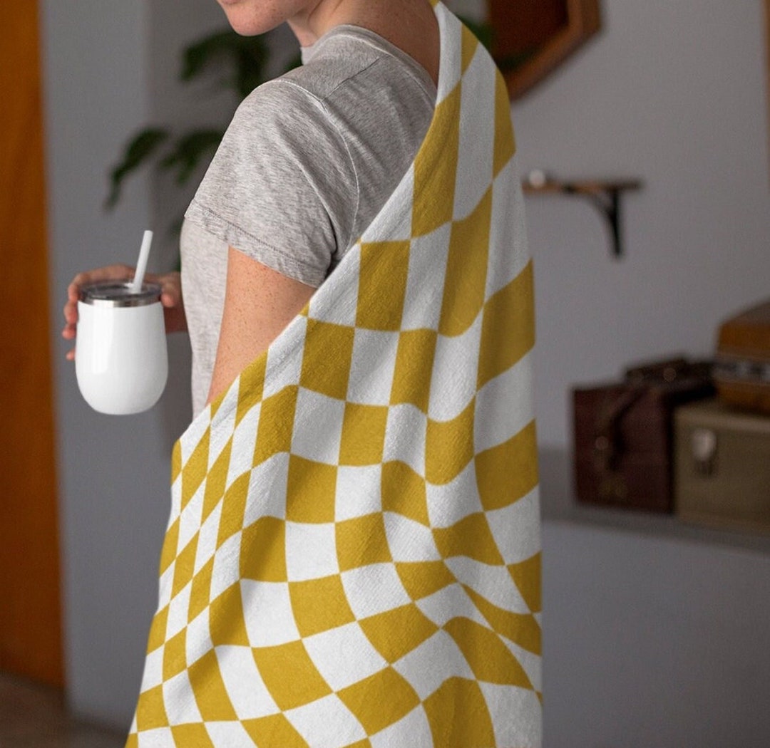 Customized Checker Blanket Vintage Yellow Pattern Boho Sherpa Fleece ...