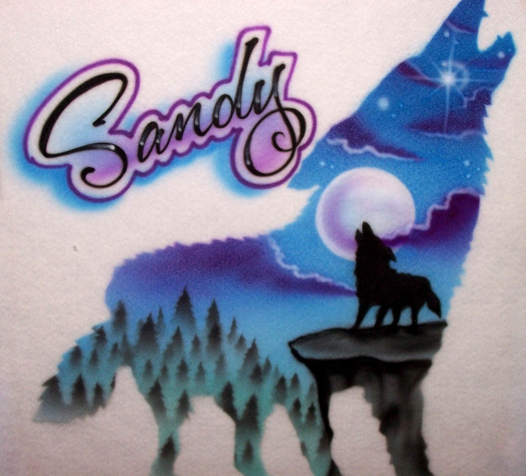 Howling Wolf Moon Hand Painted Airbrush T-shirt With Night Sky and ...