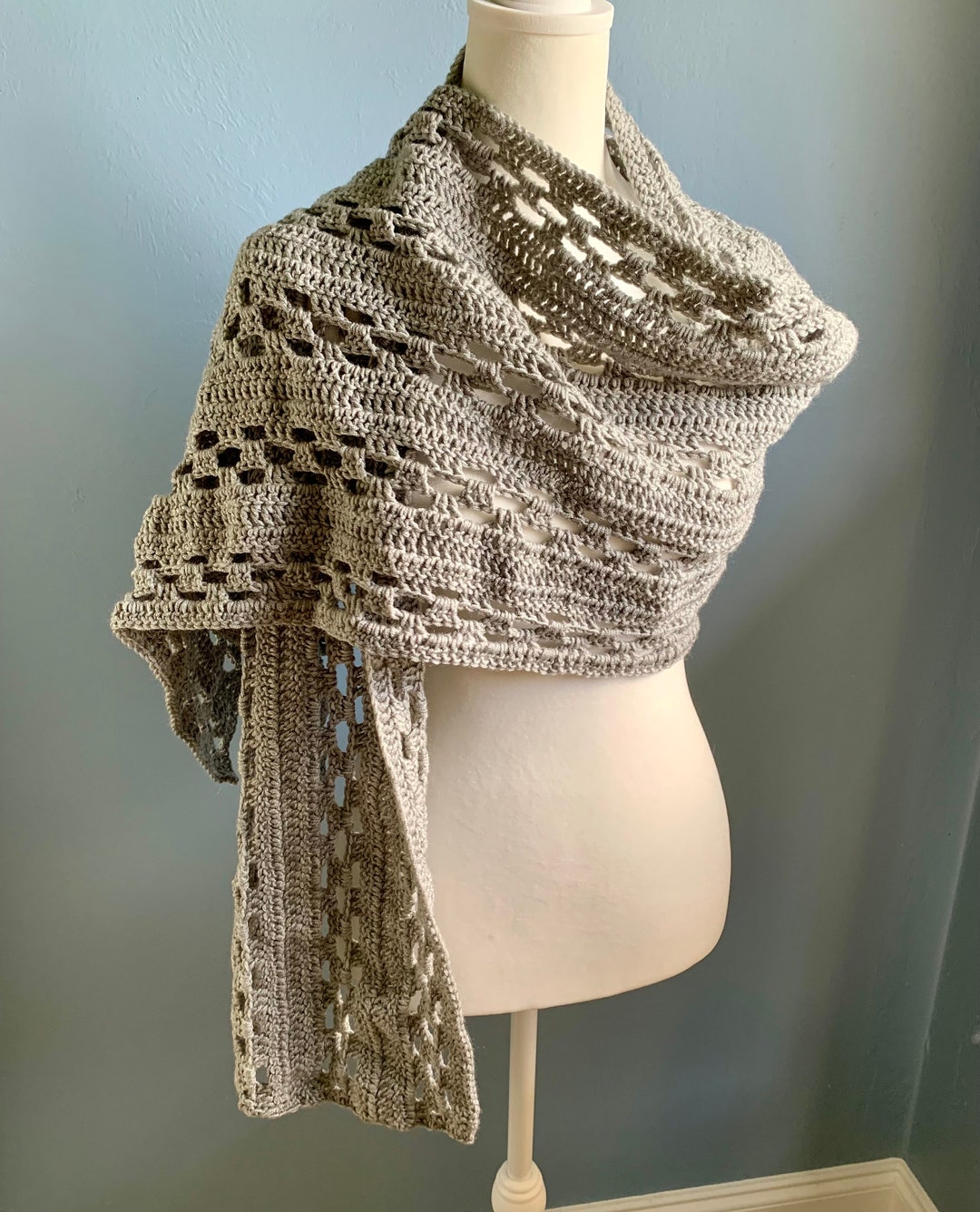 Crocheted Wrap, Long Shawl, Open Weave Shoulder Wrap, Grey Shawl for ...