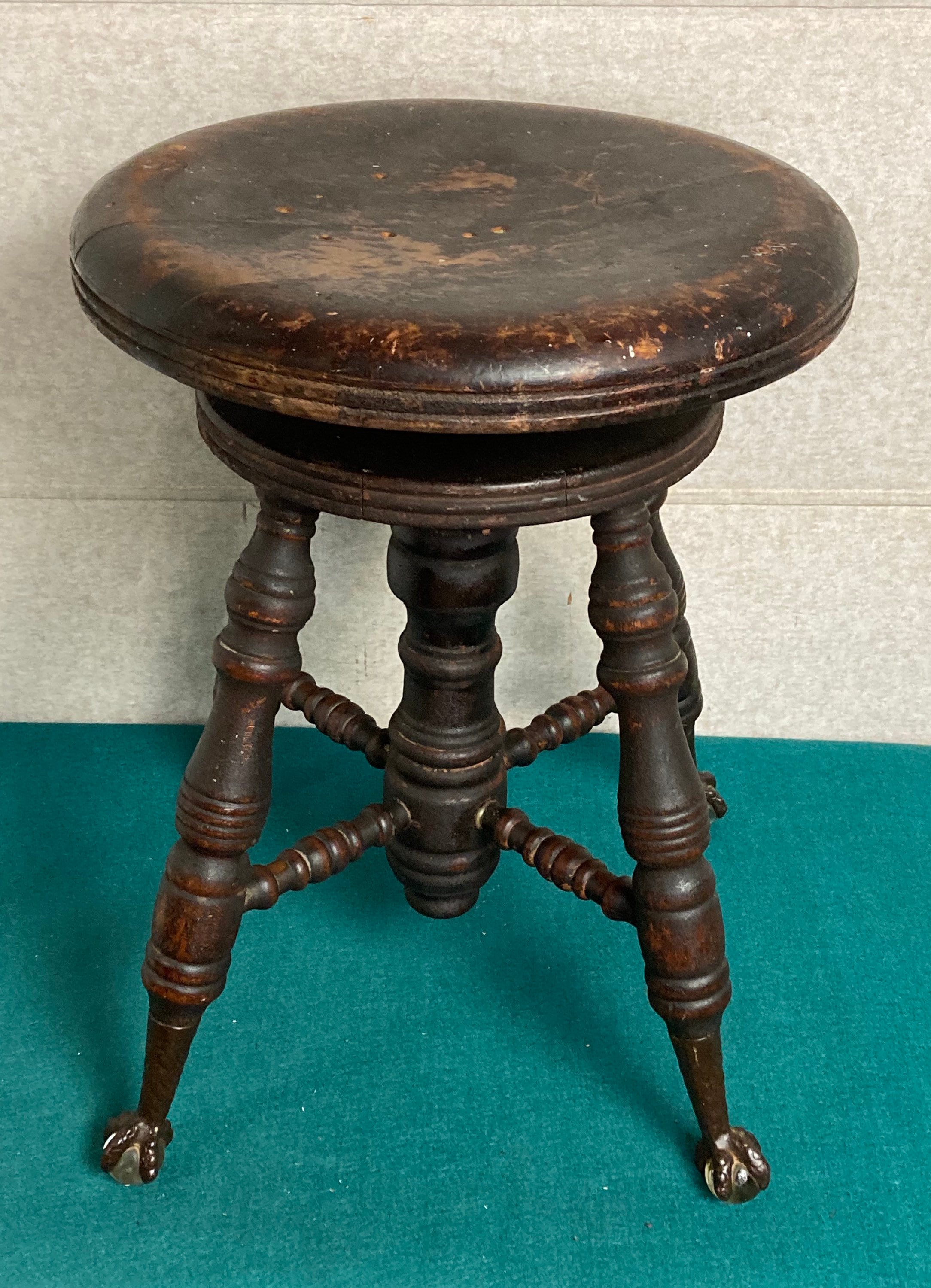 Early 1900's Tonk Co. Adjustable Piano Stool, Iron Claw & Glass Ball Feet