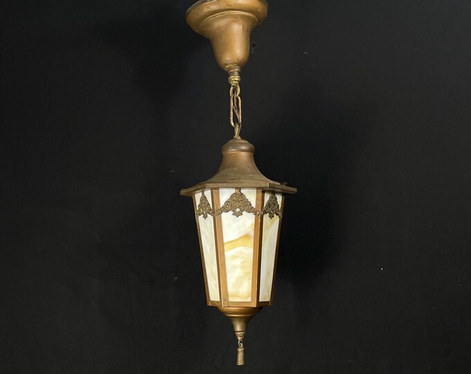 1920's Antique Brass Slag Glass 6 Sided Hanging Pendant Ceiling Light ...