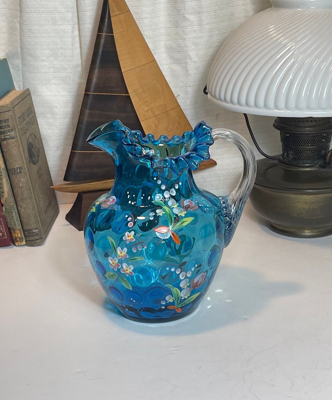 Blue Fenton Thumbprint Glass Pitcher With Ruffled Neck, Hand Painted ...