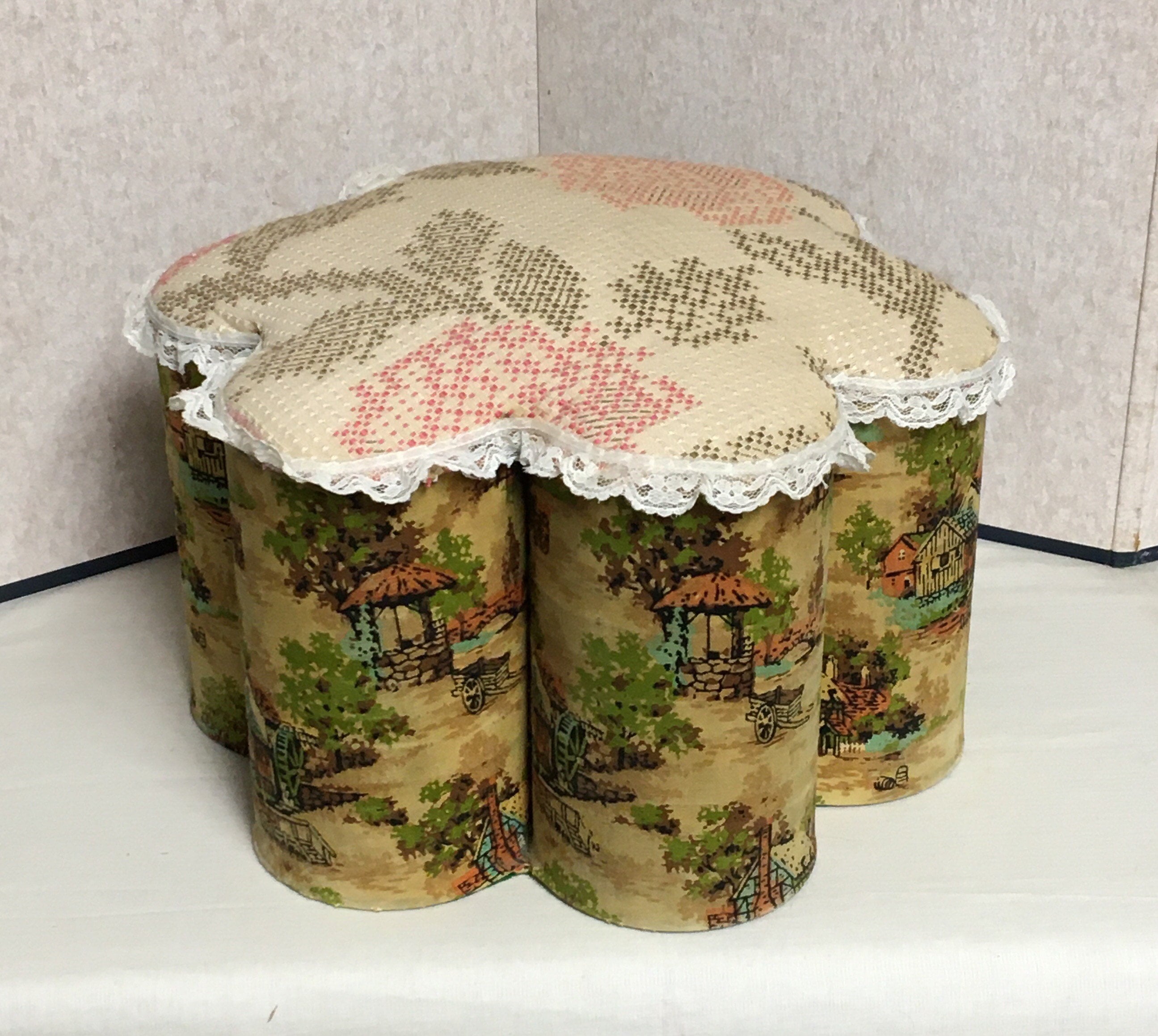 Vintage Homemade Juice Can Footstool, Padded Coffee Can Stool