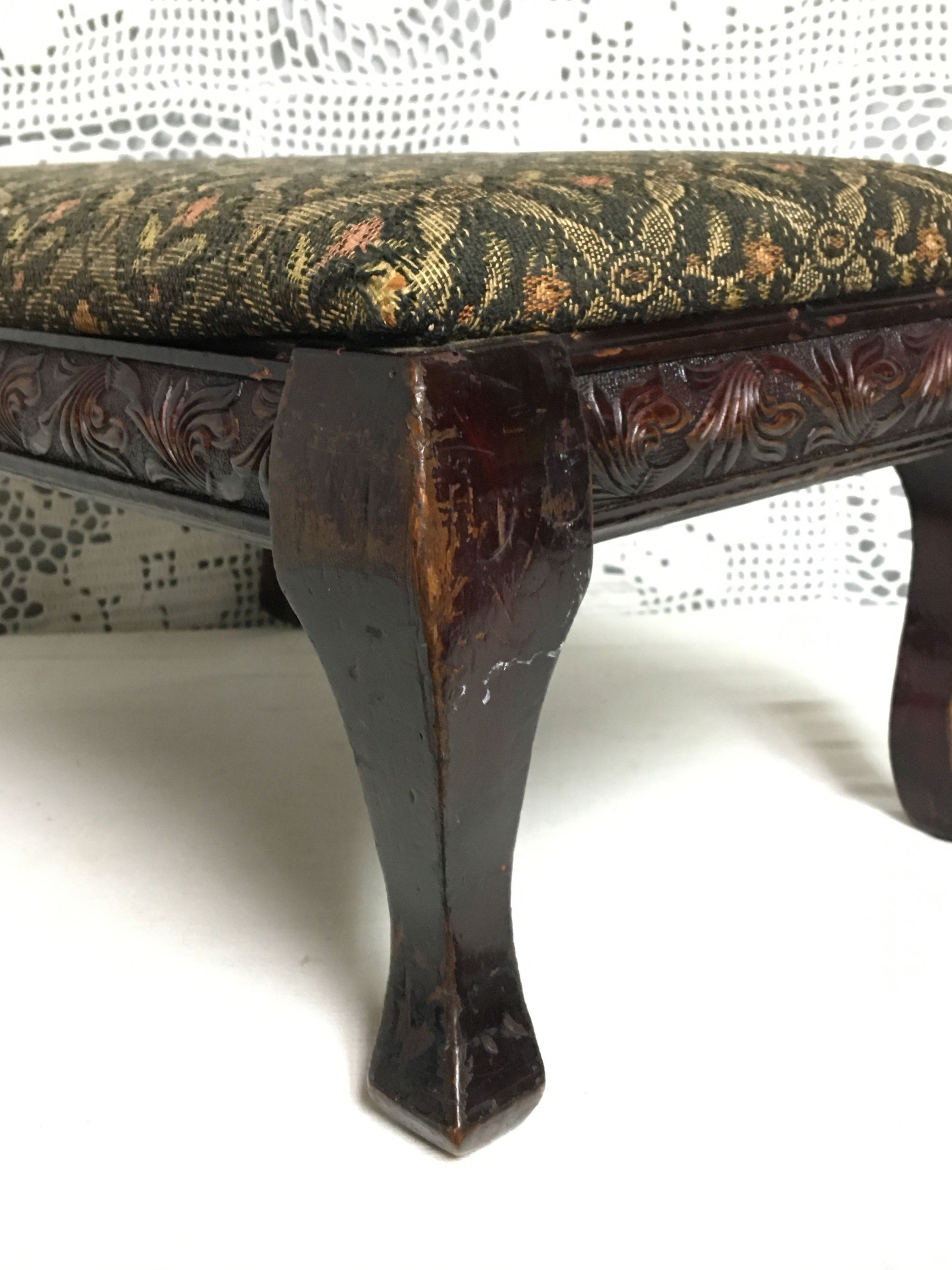 Victorian Tapestry Footstool, Queen Anne Style Wooden Stool, Padded ...