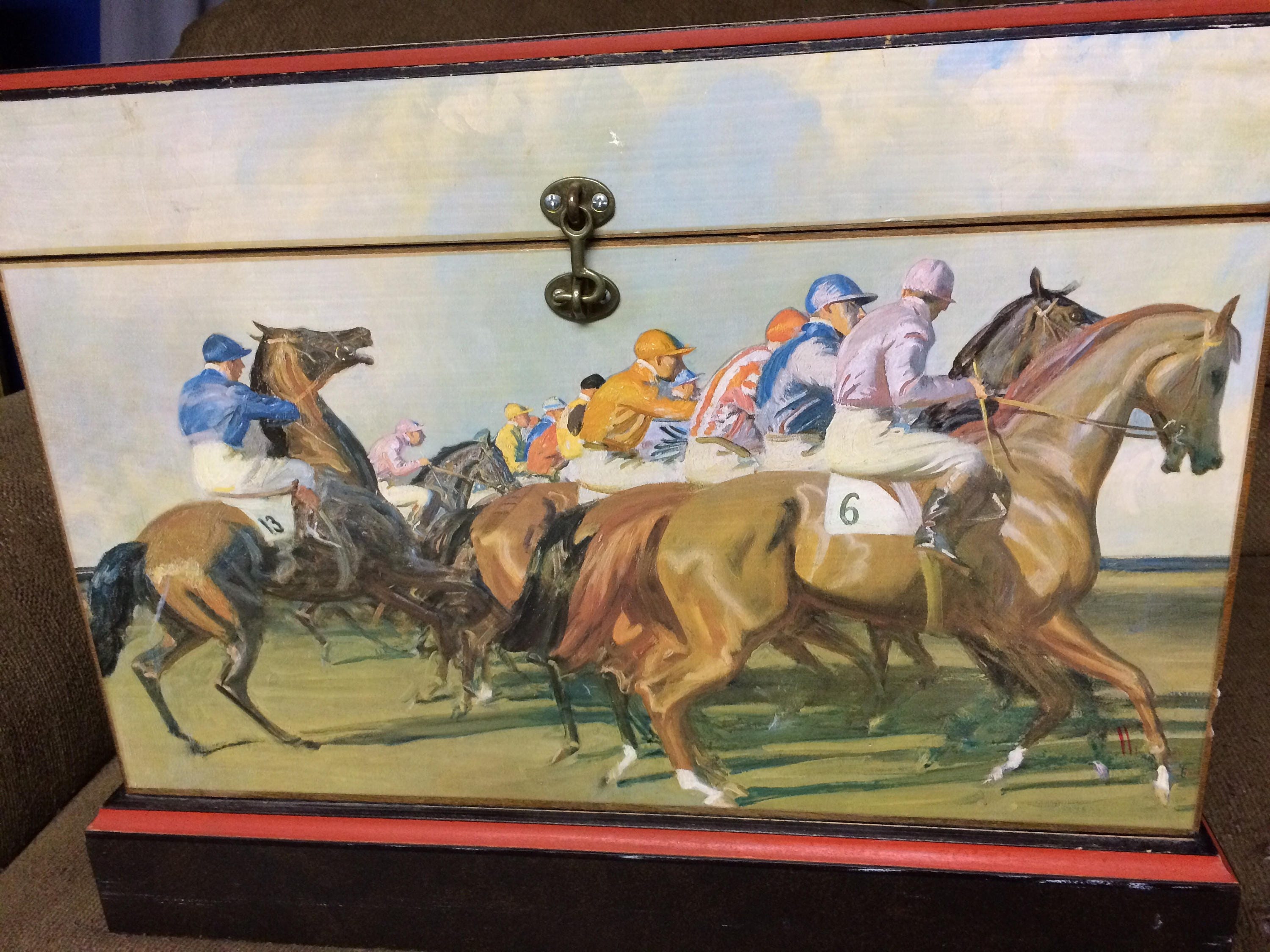 A Solid Wooden Horse Racing Trunk with Painted Horse Racing Scenes on ...