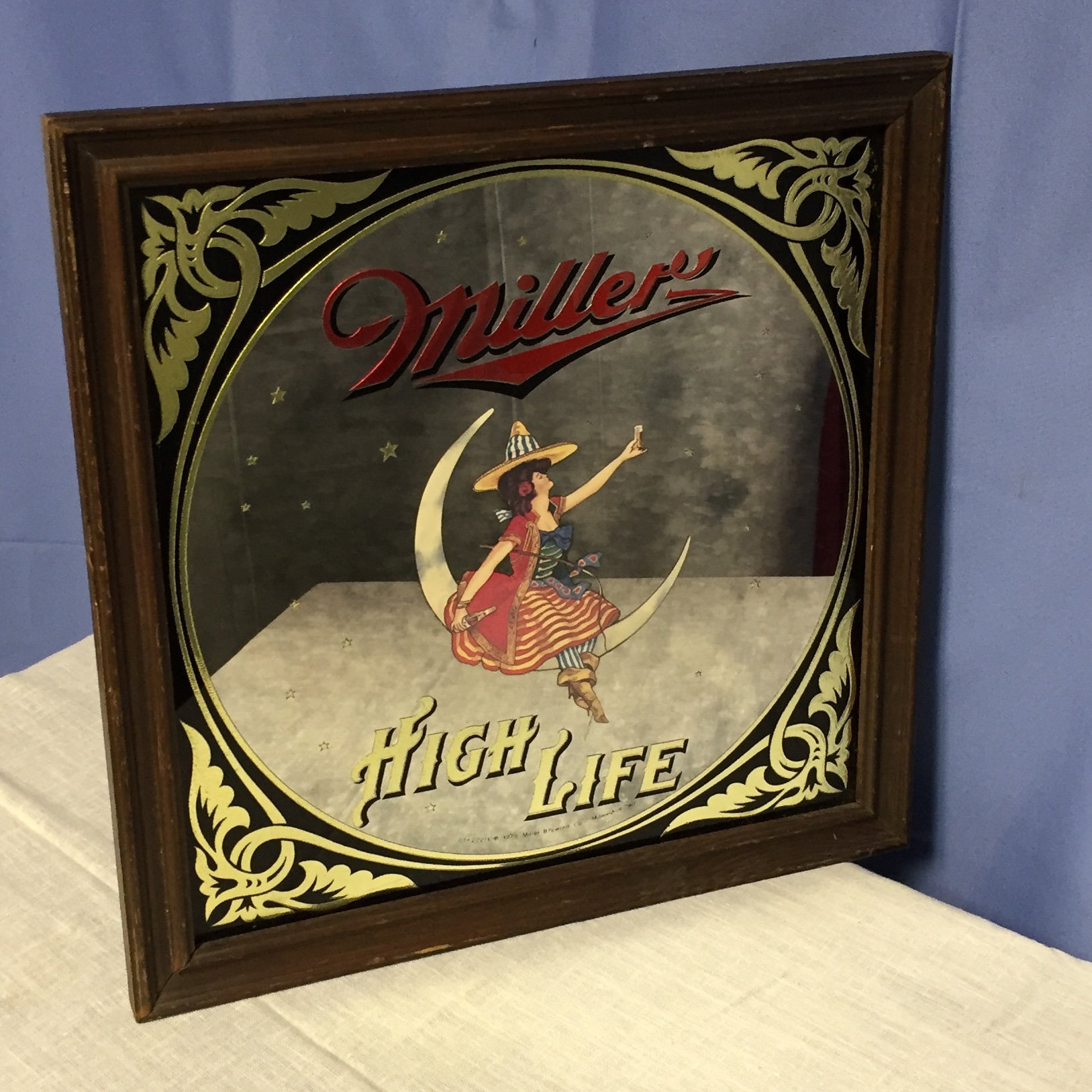 1979 Miller High Life Beer Wall Mirror Sign Girl Witch On The Moon 14 x ...