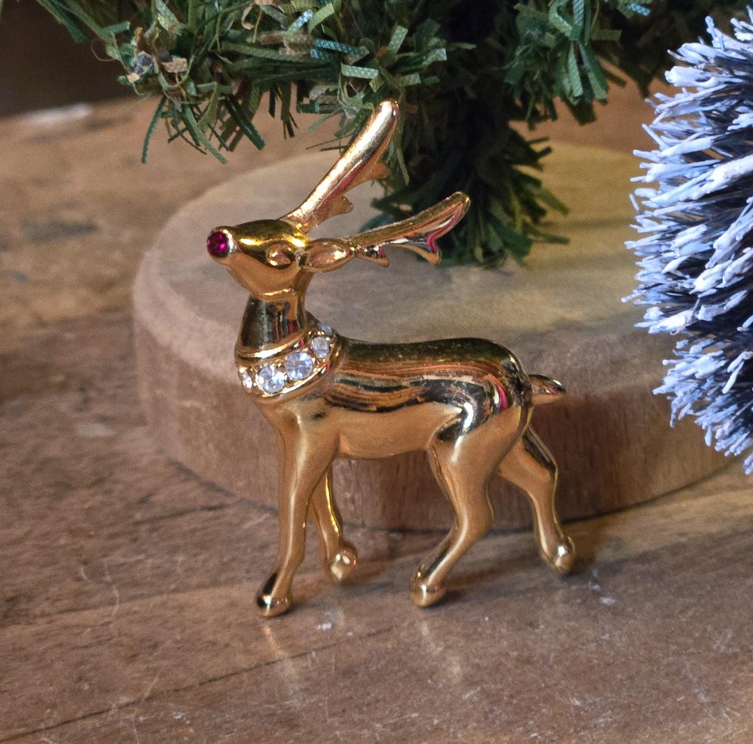 Rudolph Reindeer Brooch, Gold Tone and Rhinestone Pin - Etsy