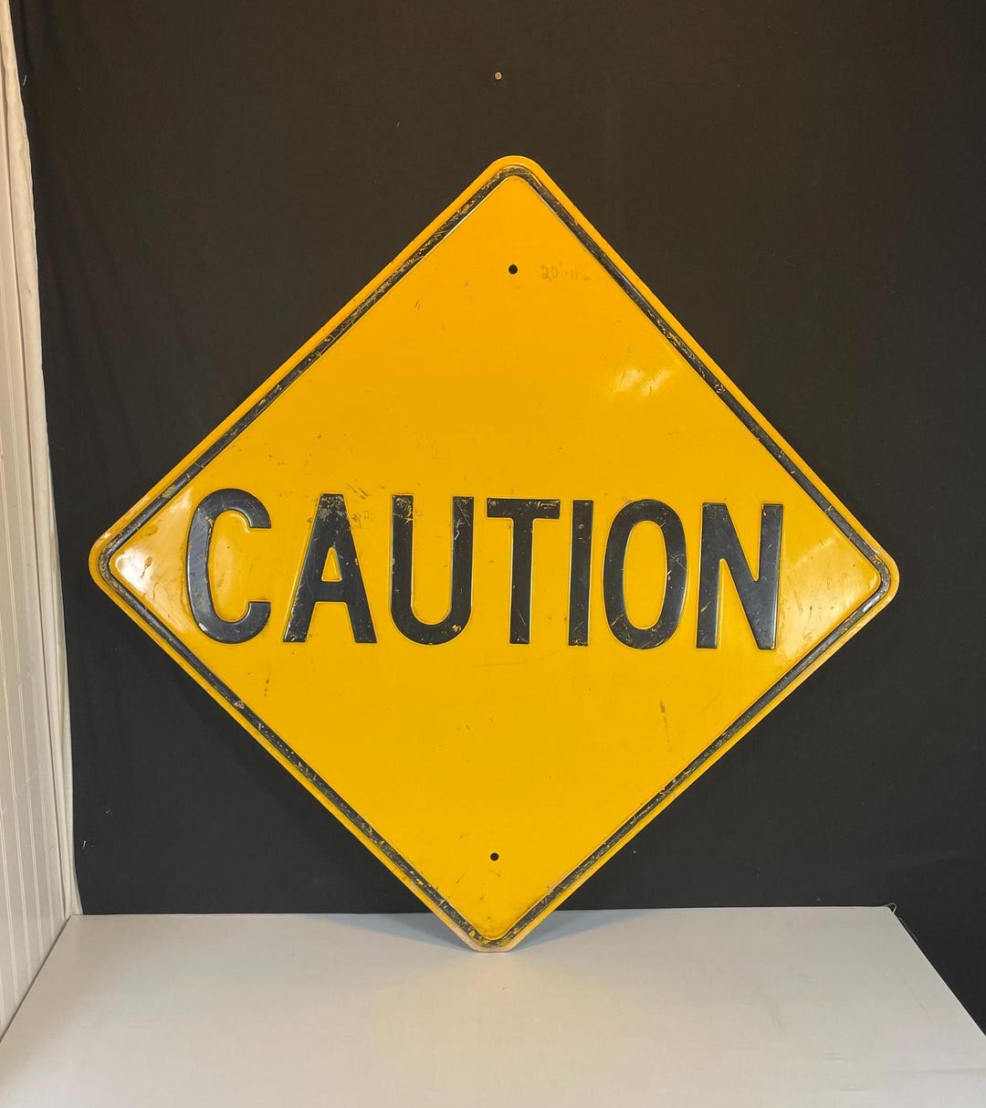 1950’s Steel Embossed CAUTION Street Sign, 24” Yellow and Black Pressed ...