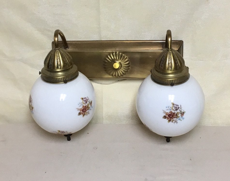 Double Arm Wall Sconce, MCM Vanity Light Fixture, Painted Floral Glass ...