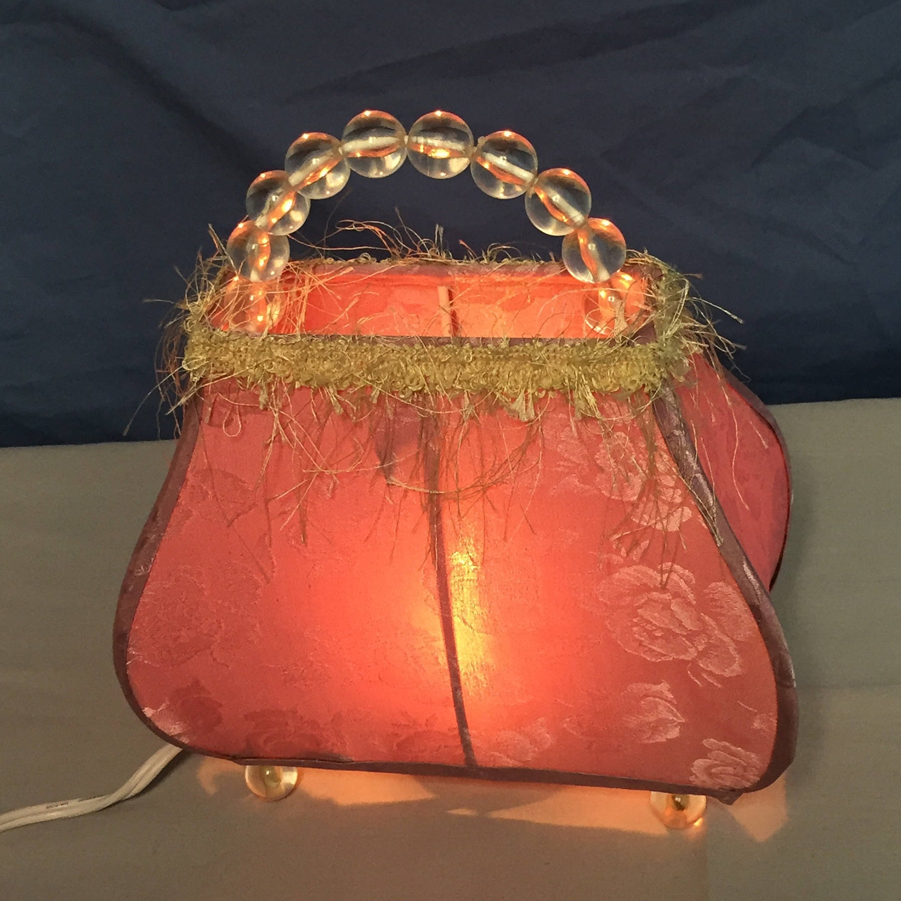 Vintage Fabric Purse Night Light with Beaded Handle, Night stand Lamp ...