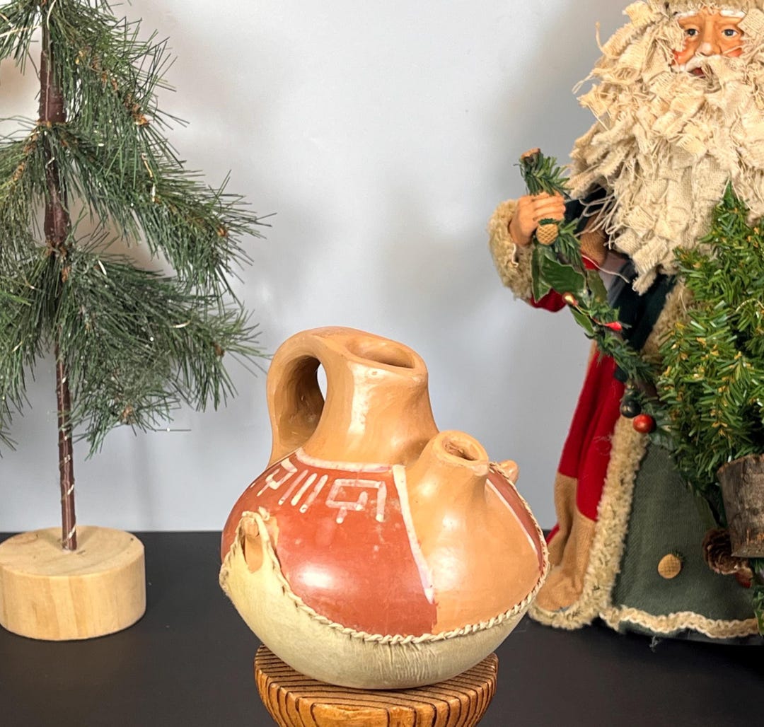 Handcrafted Chilean Pottery, Double Spout Pitcher With Leather Covered ...
