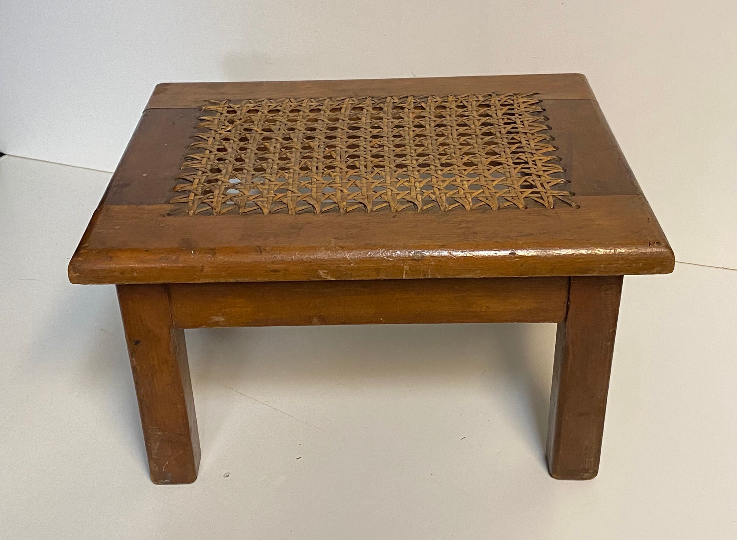 Vintage Wooden Cane Top Footstool, Ottoman Footrest, Handmade