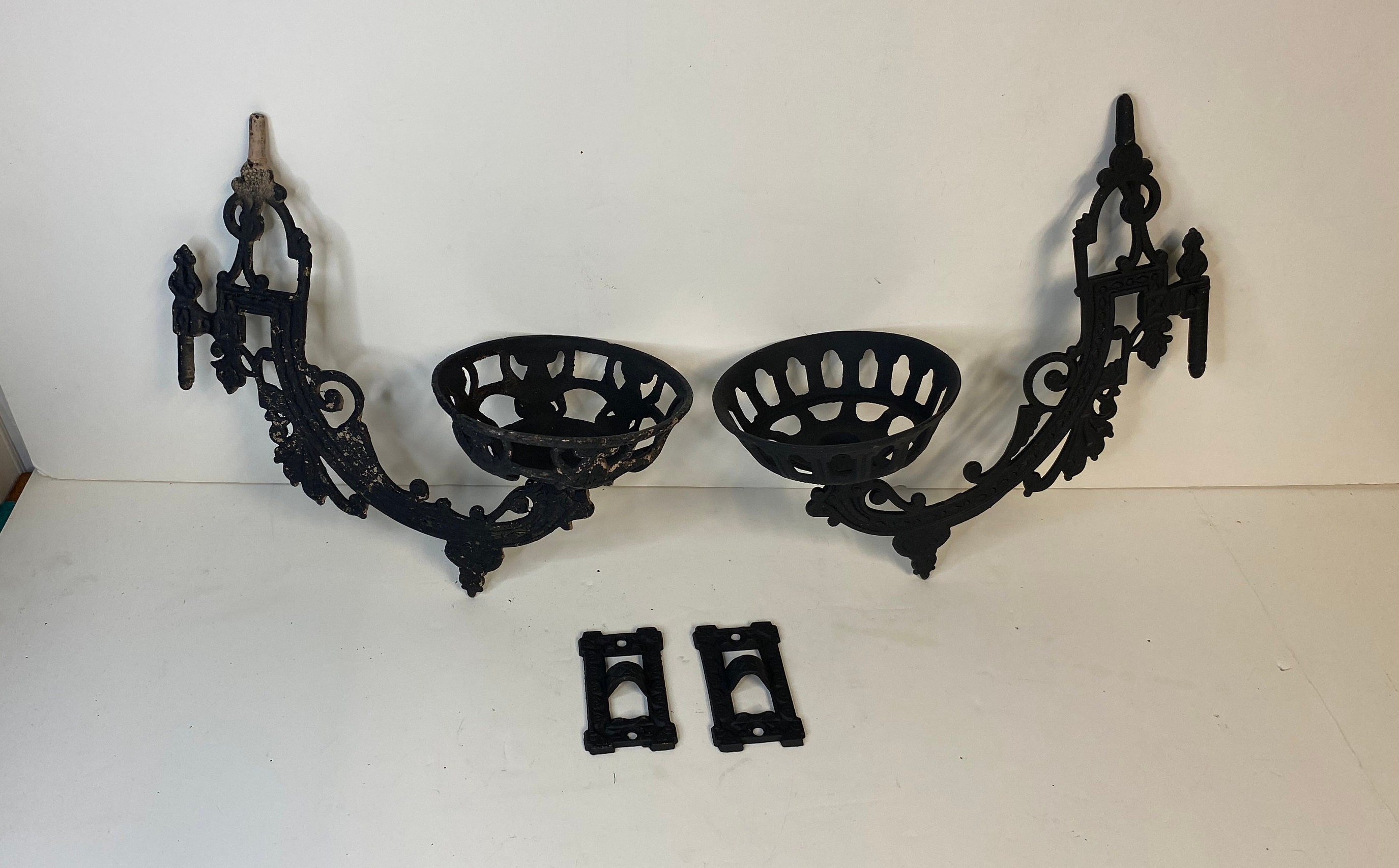 Two (2) Vintage Black Cast Iron Oil Lamp Wall Brackets, Sconce Brackets