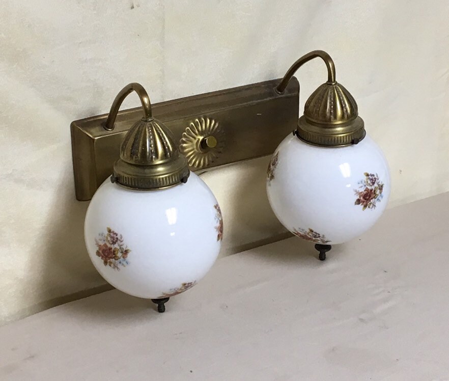 Double Arm Wall Sconce, MCM Vanity Light Fixture, Painted Floral Glass ...