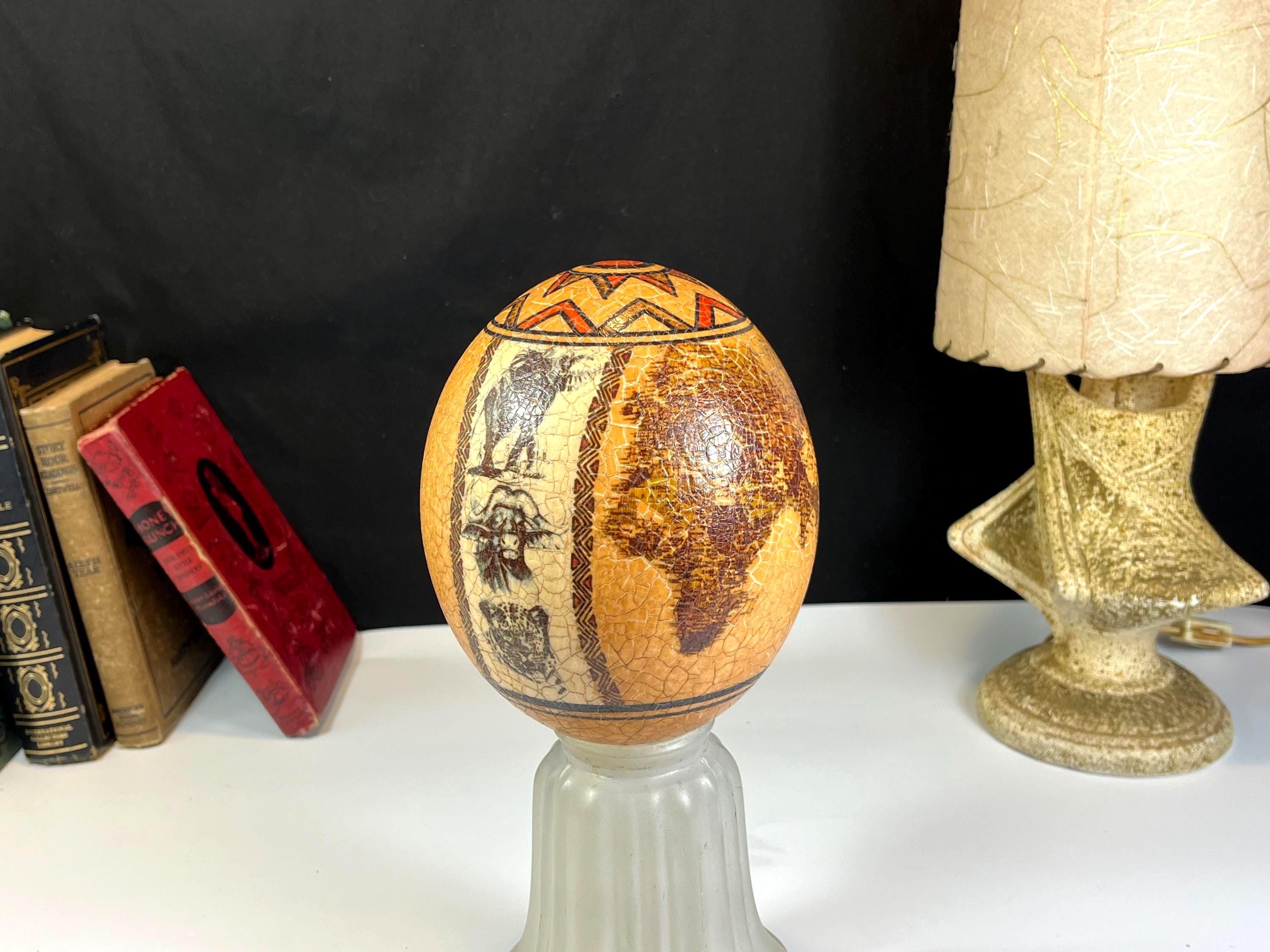 Ostrich Eggshell with World Map and African Animals