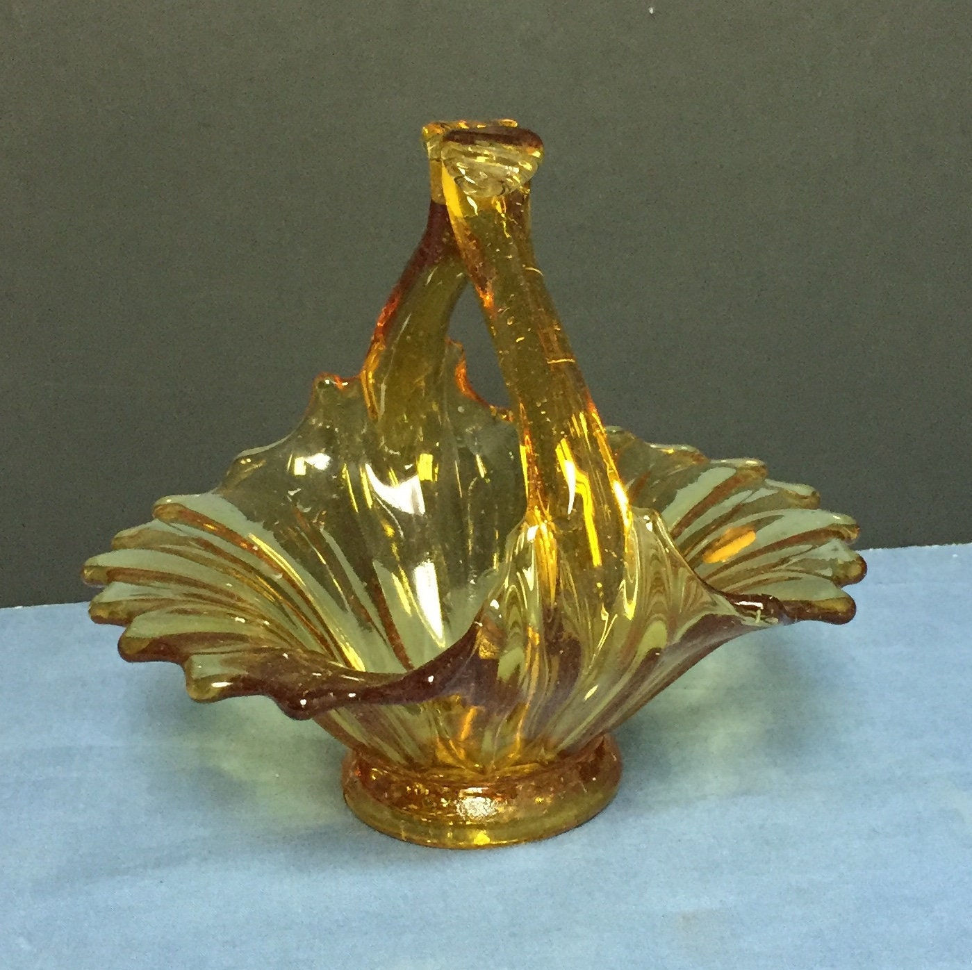Amber, Blown Glass, Basket, Sunflower Basket, Scalloped Edge Glass ...