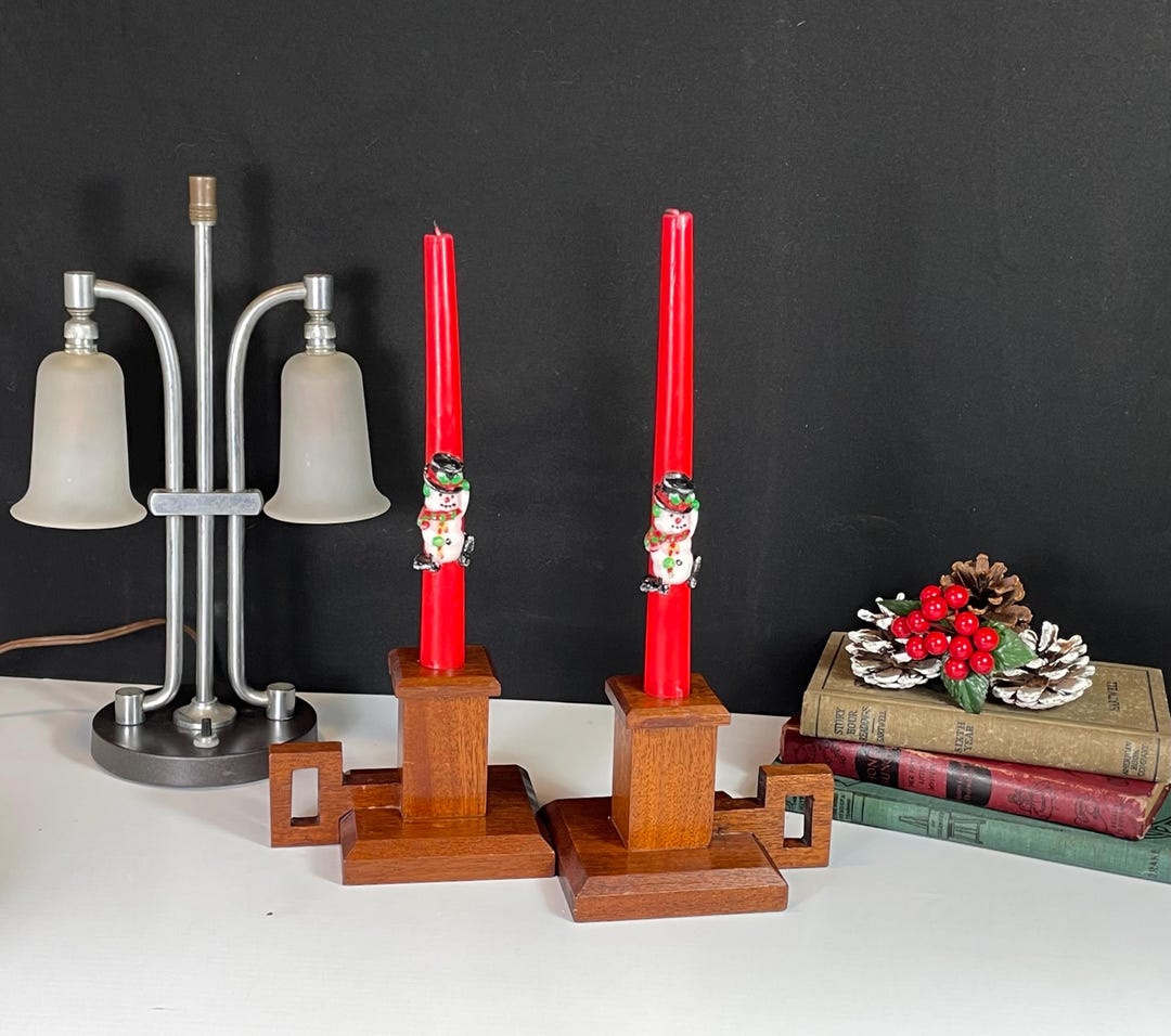 Handmade, Mid Century Modern, Wooden Candle Holders With Snowman ...