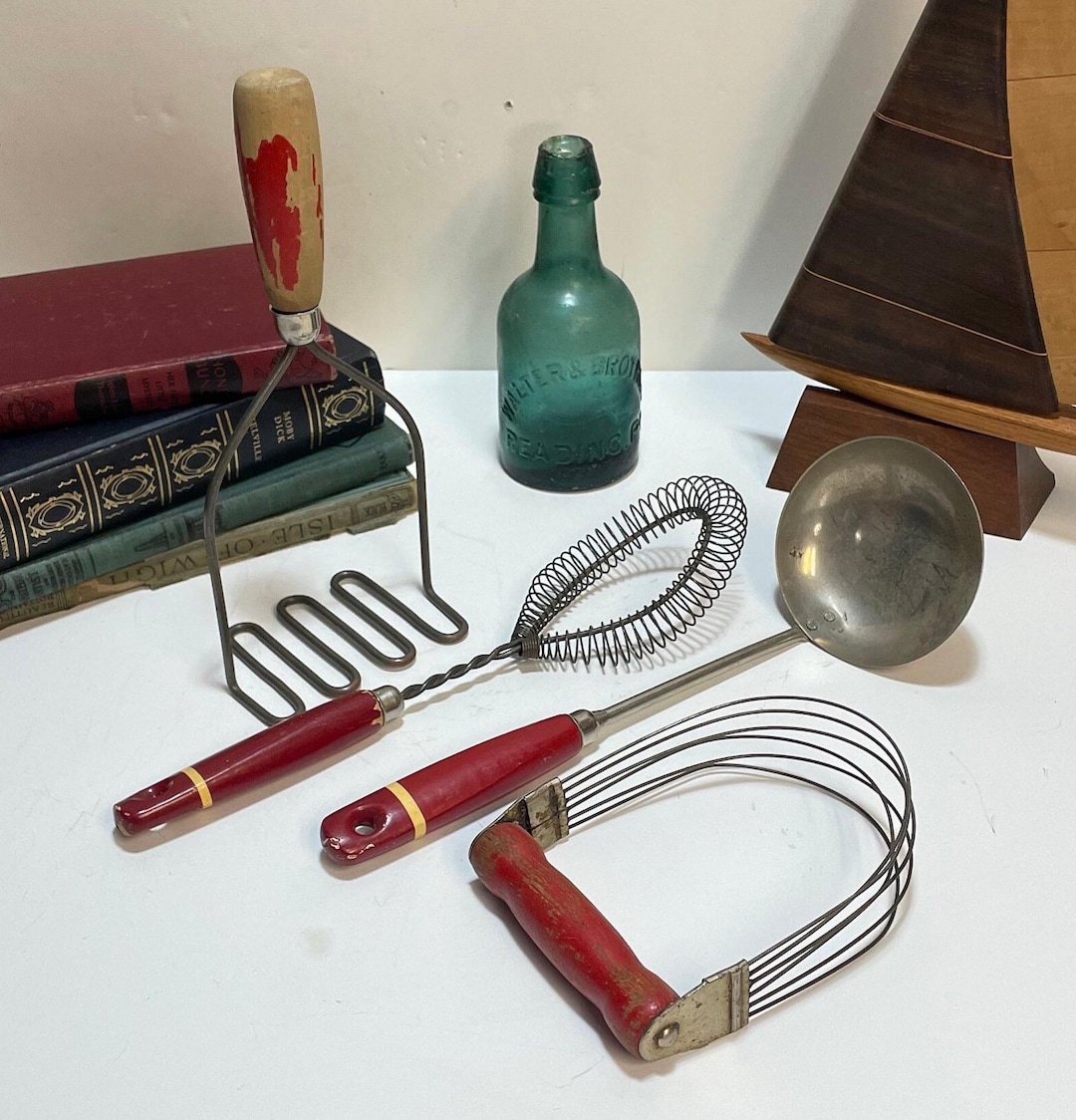 Vintage Kitchen Utensil Set: Red Wood Handles, Primitive Cooking Tools ...