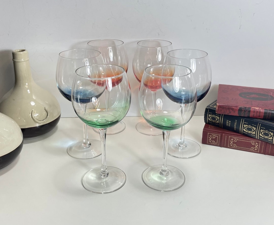 Hand Blown Balloon Wine Glasses, Set of Six (6) Multi Colored Glasses ...