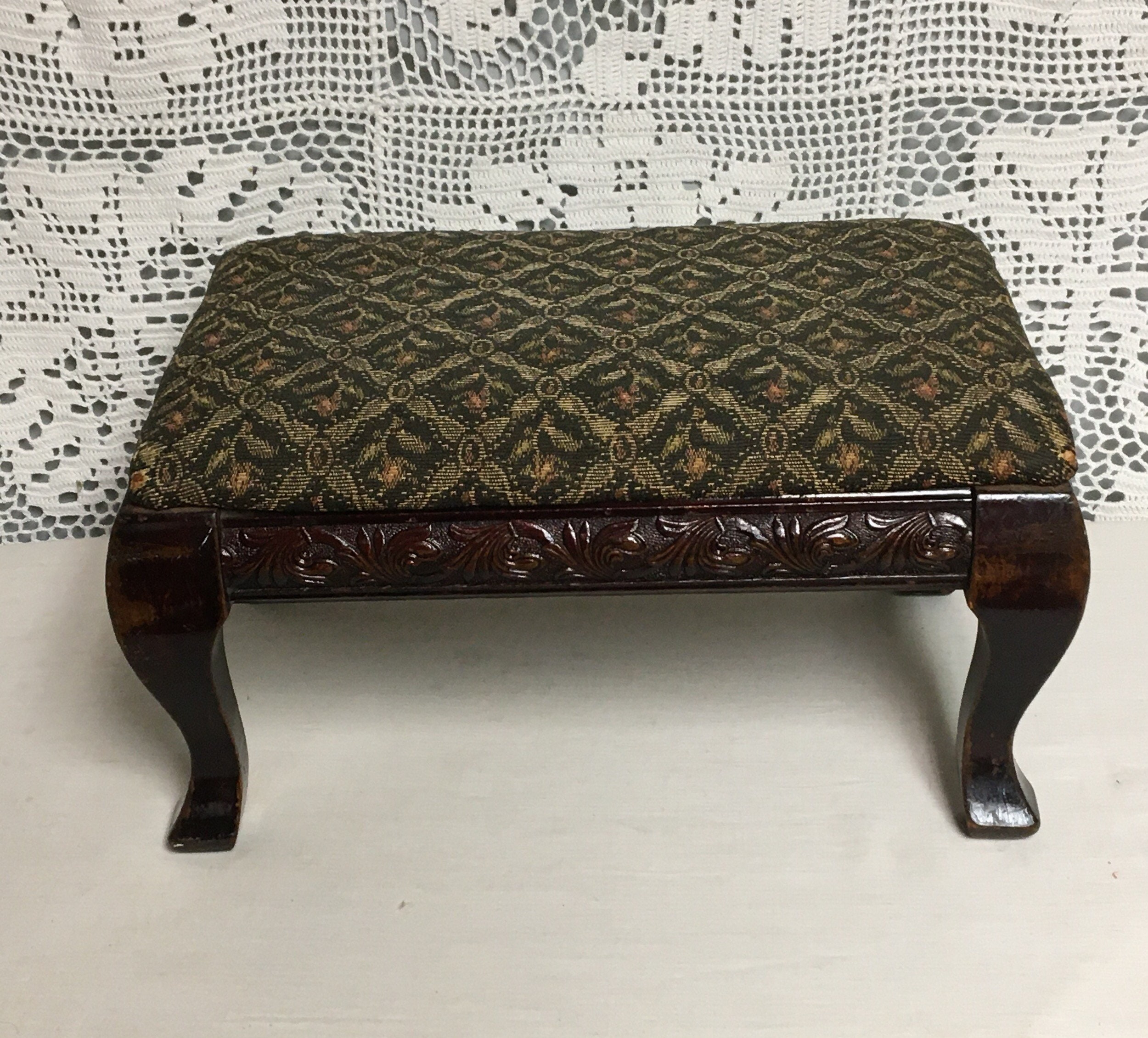 Victorian Tapestry Footstool, Queen Anne Style Wooden Stool, Padded ...