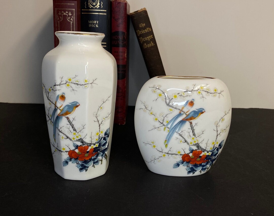 Pair of Two (2) Jay Fine China Vases, Birds and Flowers, Made in Japan ...