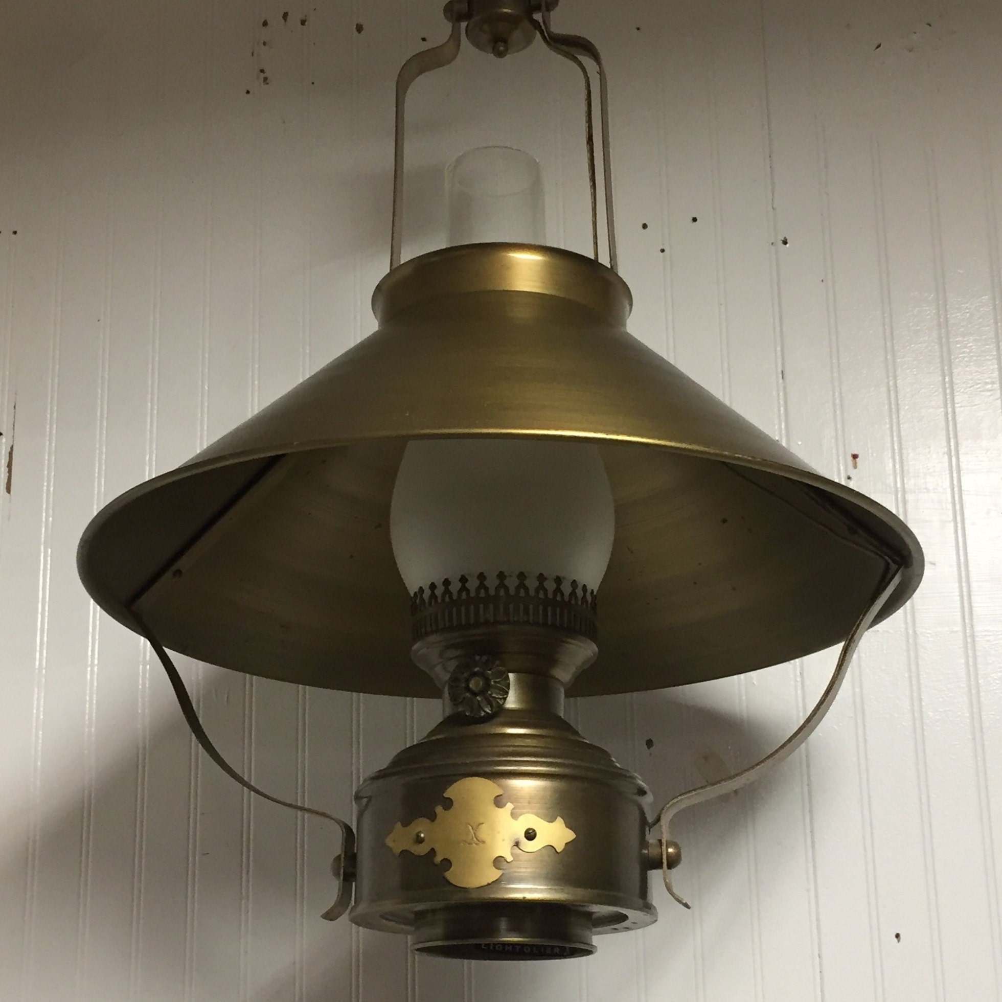 Mid Century Lightolier Brass Tone Hanging Electric Hurricane Light with ...