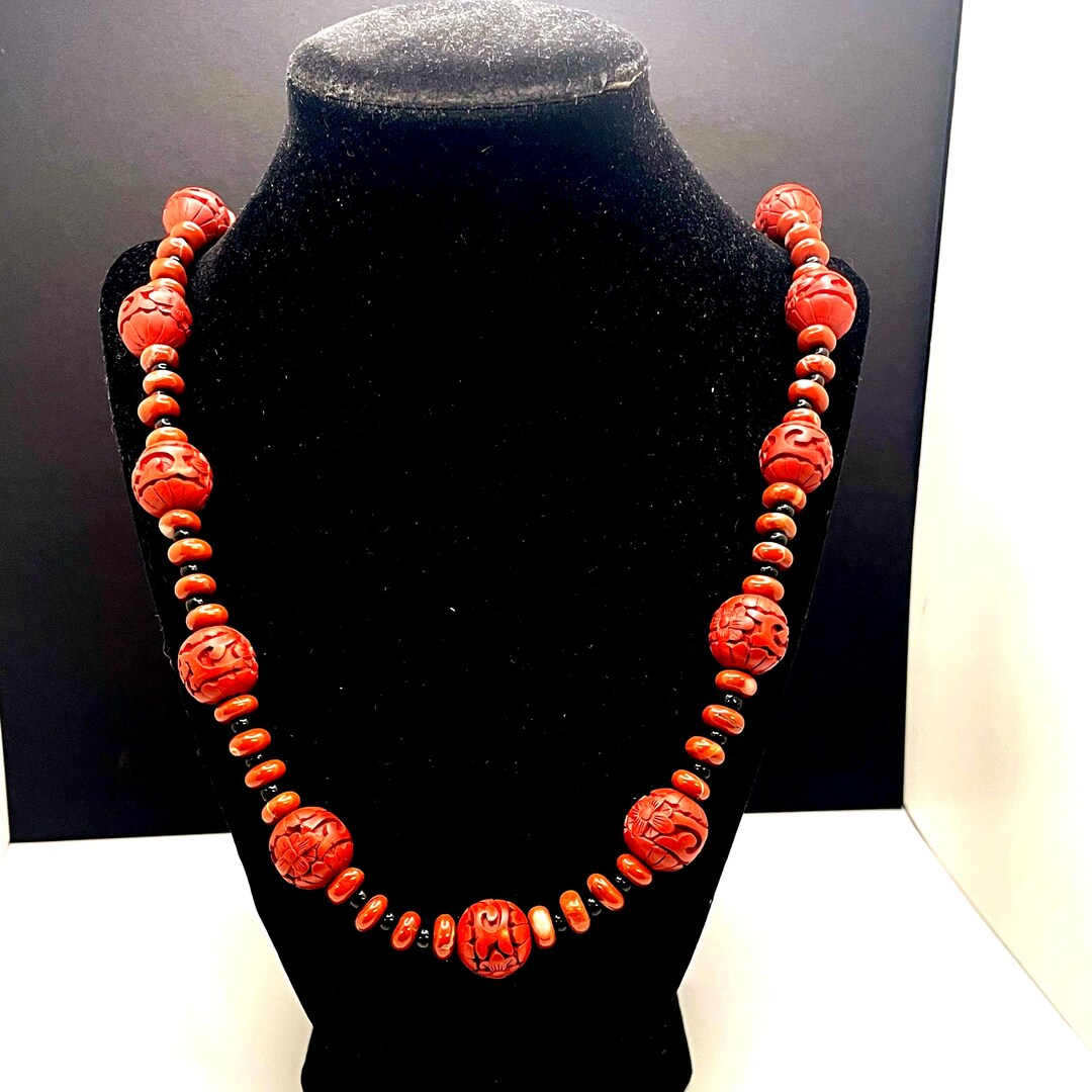 Carved Cinnabar Bead Necklace With Red Jasper Rondelle Beads - Etsy