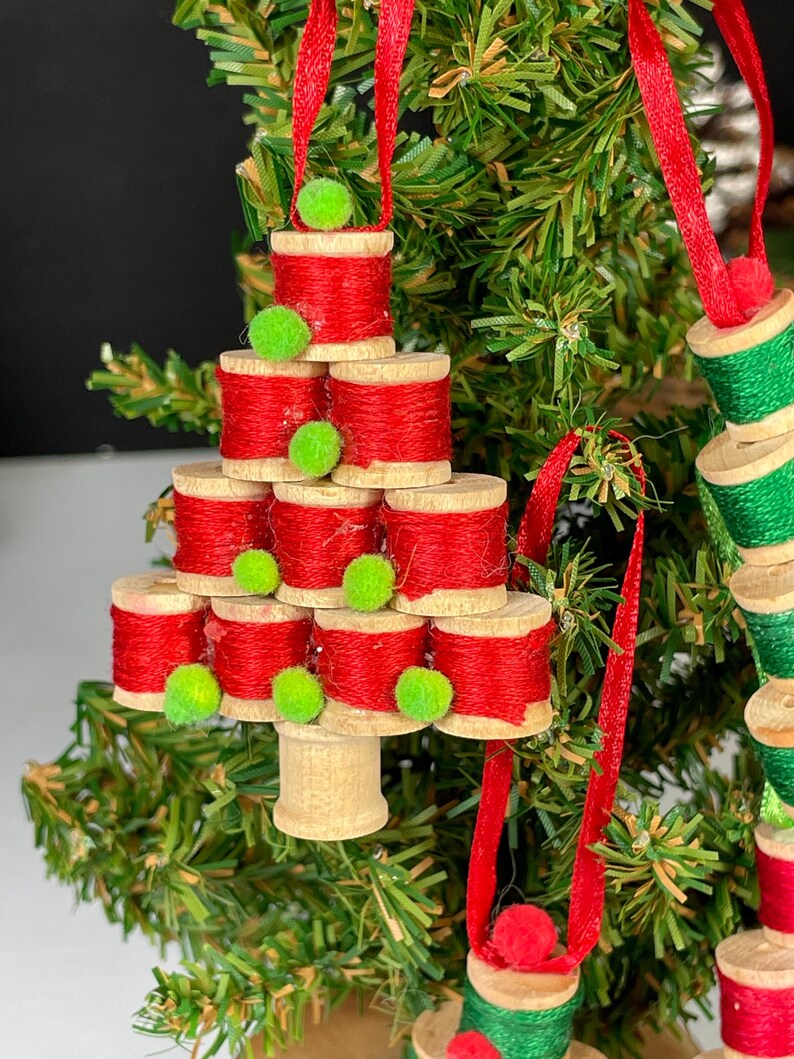 Set of Four (4) Mini Thread Spool Christmas Trees, Handcrafted Tree ...