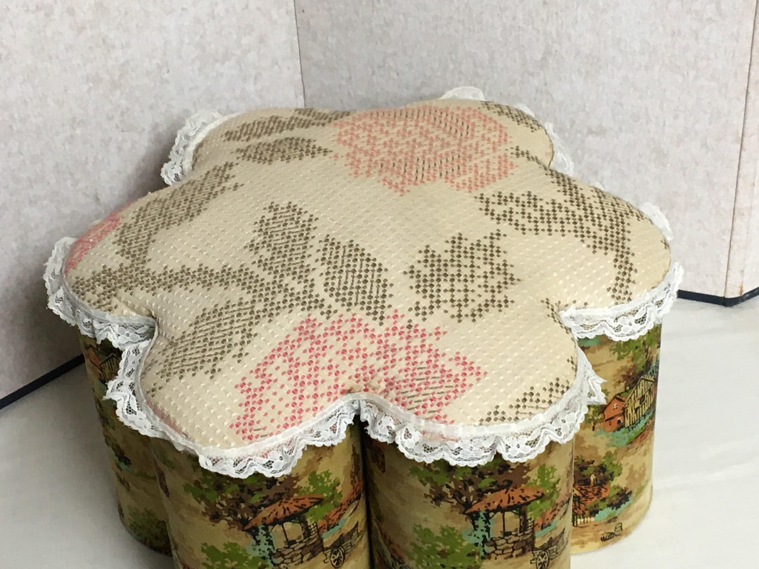 Vintage Homemade Juice Can Footstool, Padded Coffee Can Stool