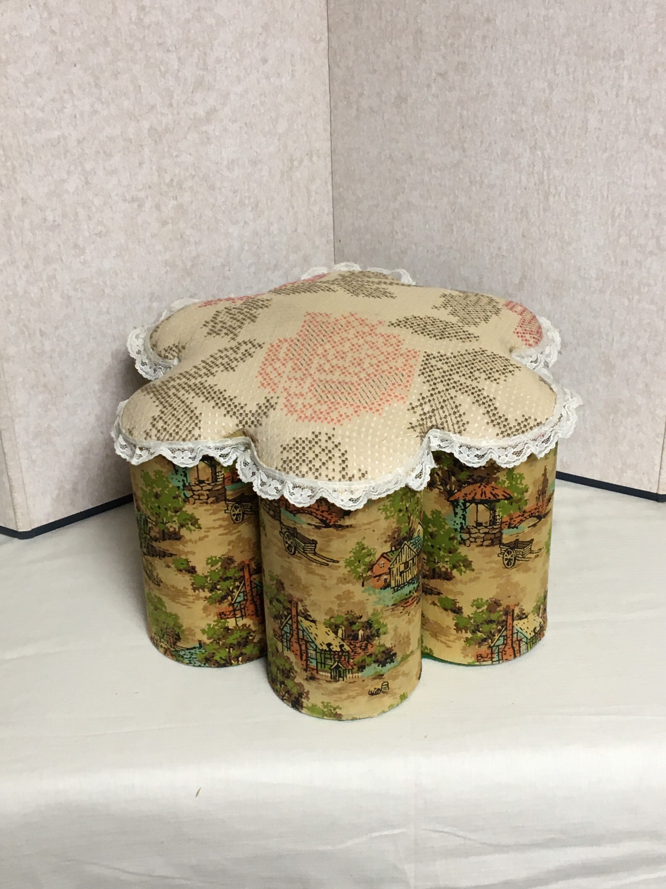 Vintage Homemade Juice Can Footstool, Padded Coffee Can Stool